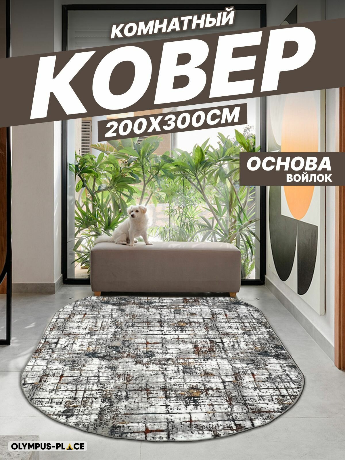 Ковер на пол безворсовый комнатный, 200 на 300; 2,0x3,0 овальный