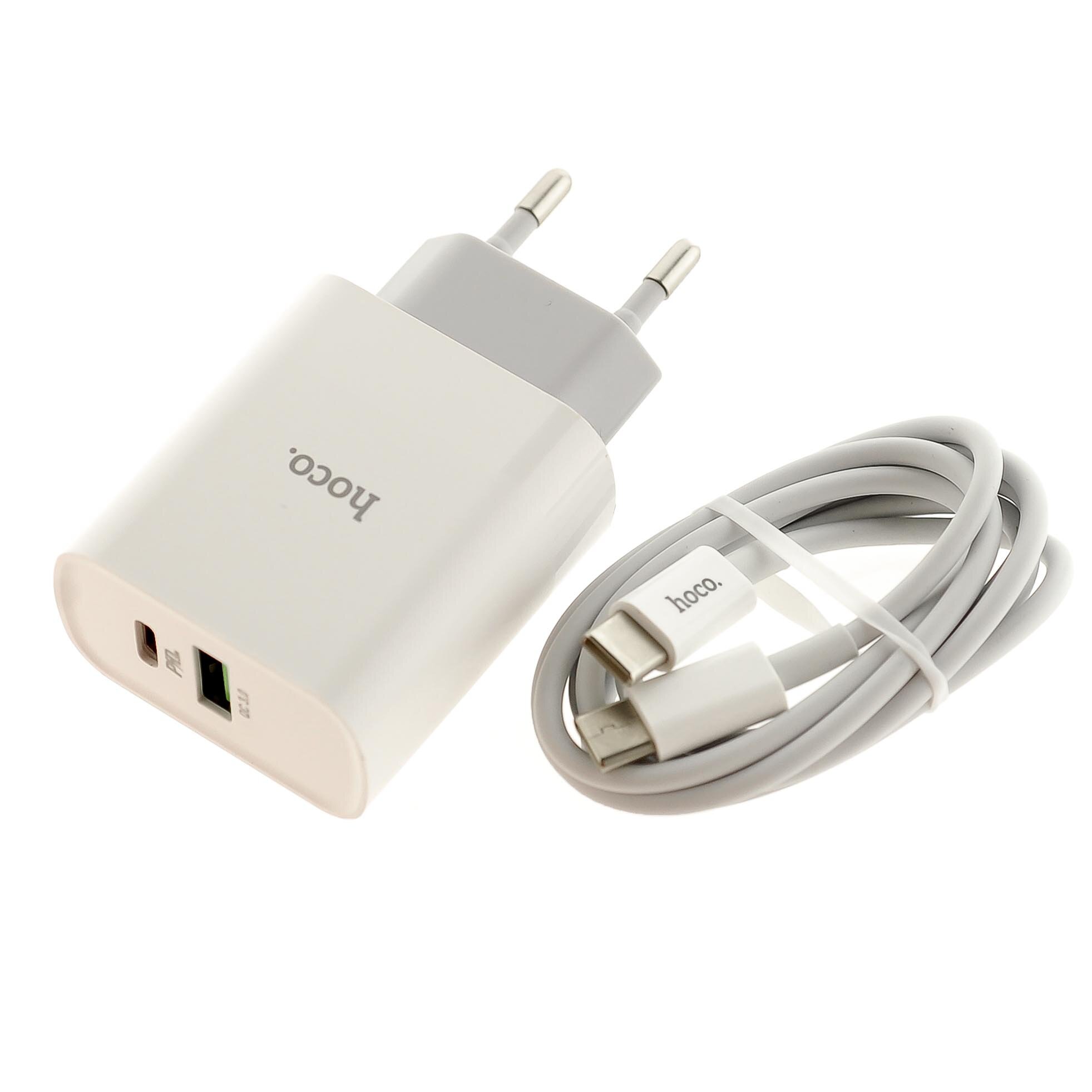 Сетевая зарядка Type-C, USB, Hoco C80A, PD20W QC3.0, с кабелем Type-C - Type-C, белый