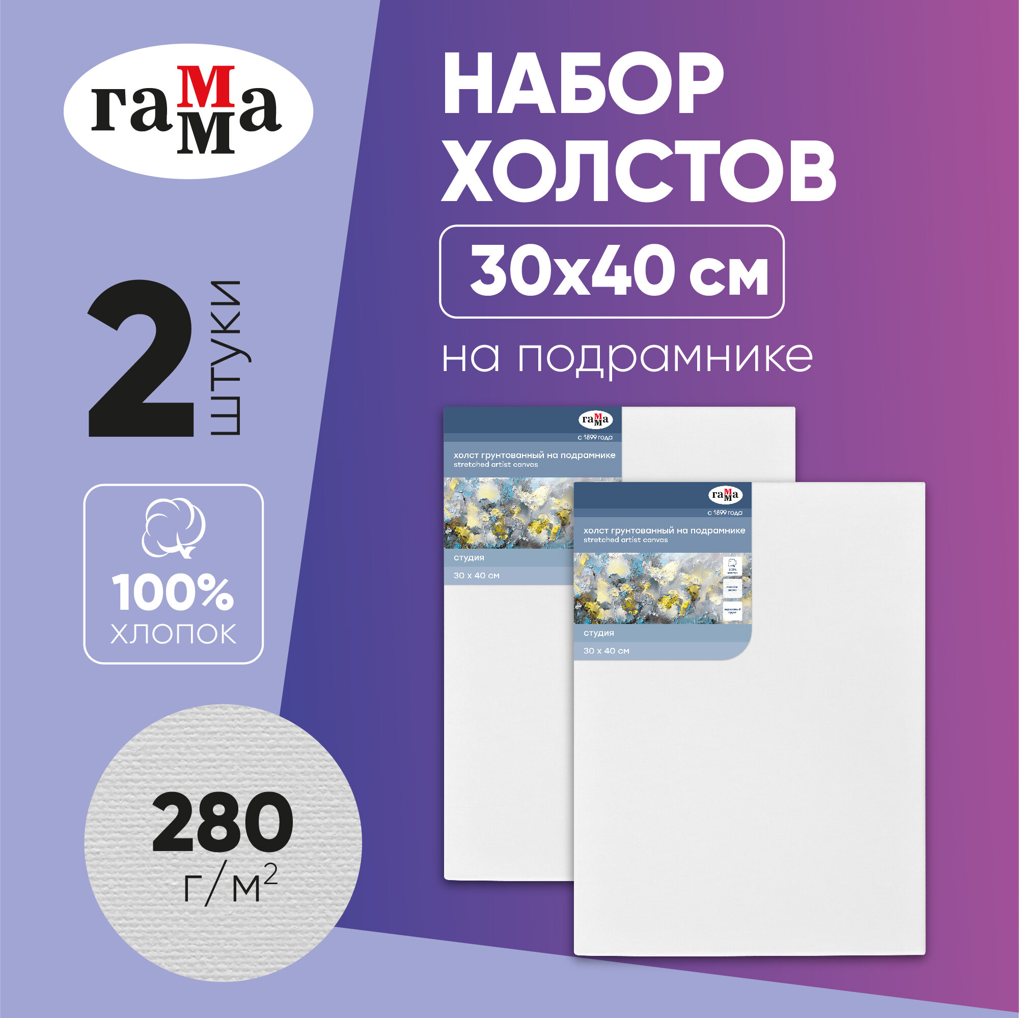 Набор холстов на подрамнике Гамма "Студия", 2 штуки 30*40см, 100% хлопок, 280 г/м2, мелкое зерно
