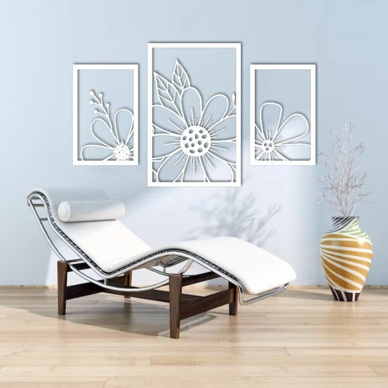 Декоративное панно деревянное, Цветы ромашки, набор из 2 элементов декора (белый цвет)