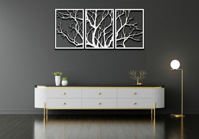 Декоративное металлическое панно, Ветви старого дерева, набор из 3 элементов декора (белый цвет)