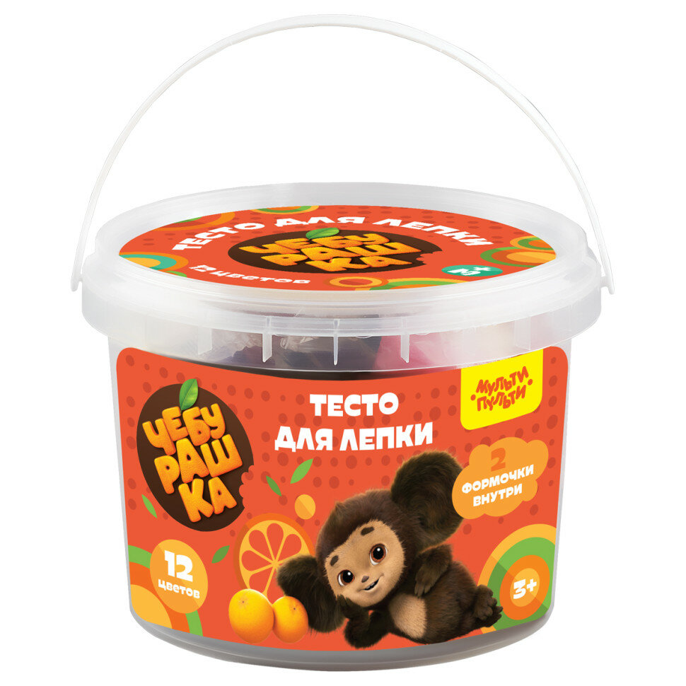 Тесто для лепки Мульти-Пульти "Чебурашка", 12 цветов*30г, пластиковое ведро + 2 формочки Чебы на корексе, 357216