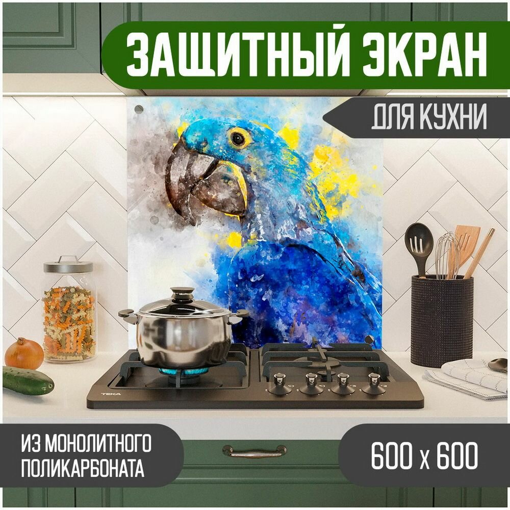 Фартук для кухни, Защитный экран из акрилового стекла (поликарбонат) на кухонный фартук в зону мойки и плиты с фотопечатью. Панель на стену с рисунком Попугай 600 х 600 х 3 мм, 600-013