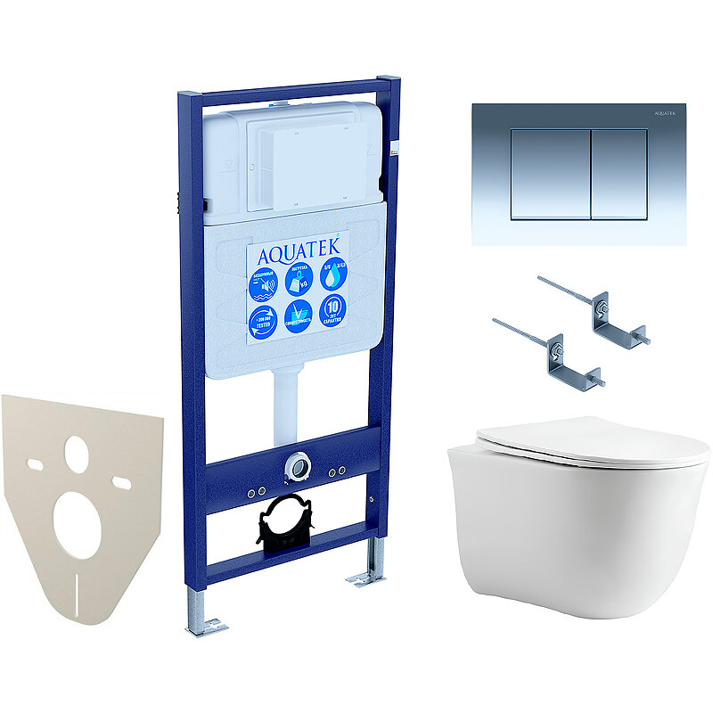 Комплект унитаза с инсталляцией Aquatek Set Aquatek Классик cm-010 4в1 с сиденьем Микролифт и клавишей смыва Хром глянцевый