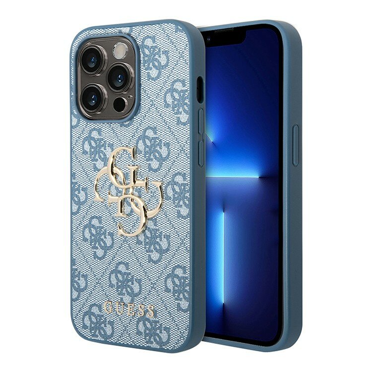Guess чехол для iPhone 14 Pro, PU кожа 4G Big metal logo голубой