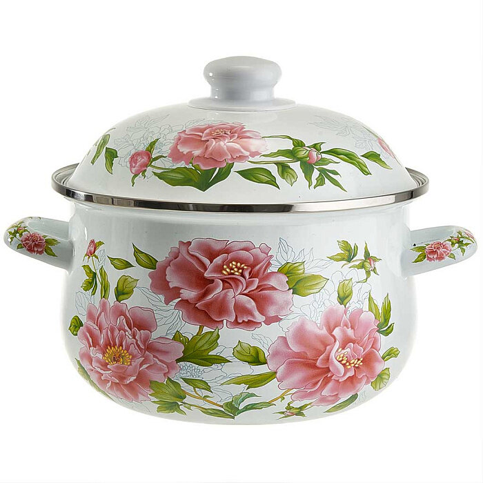 Кастрюля эмалированная 2,8 л. MetaLLoni EM-1502 Пионы, из нержавеющей стали