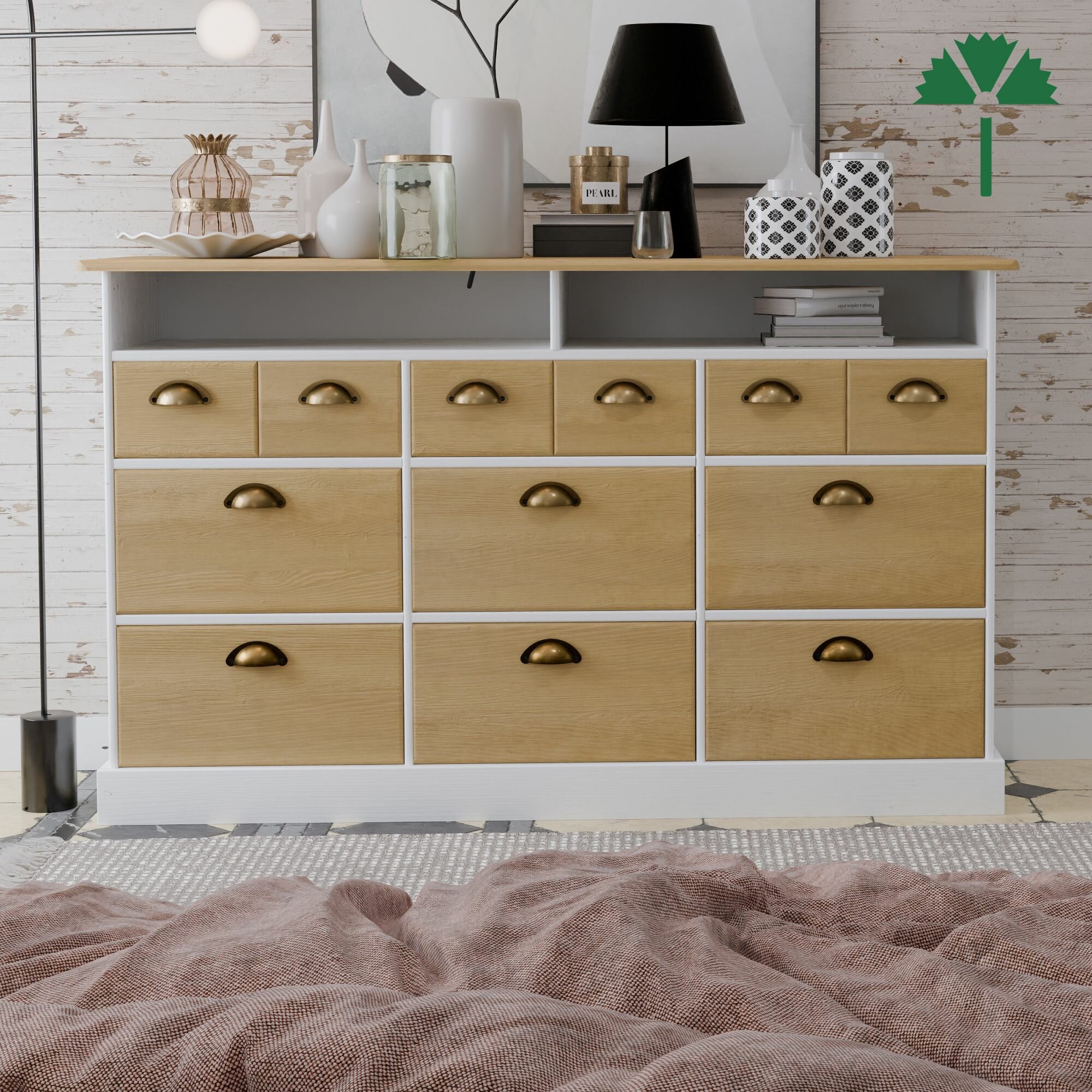 Комод 139х38х84, Тэа, с 9 ящиками для вещей и полкой Тэа, массив сосны, 9 ящиков / белый, бейц, Dipriz