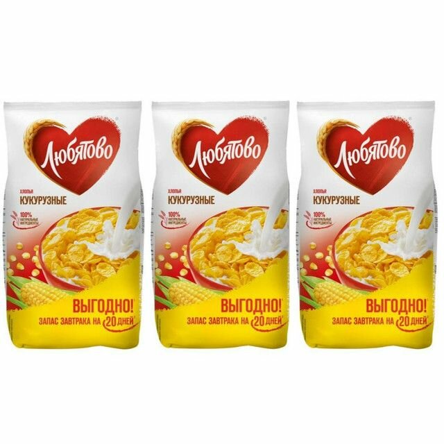 Любятово Готовый завтрак Хлопья Кукурузные, 600 г, 3 уп
