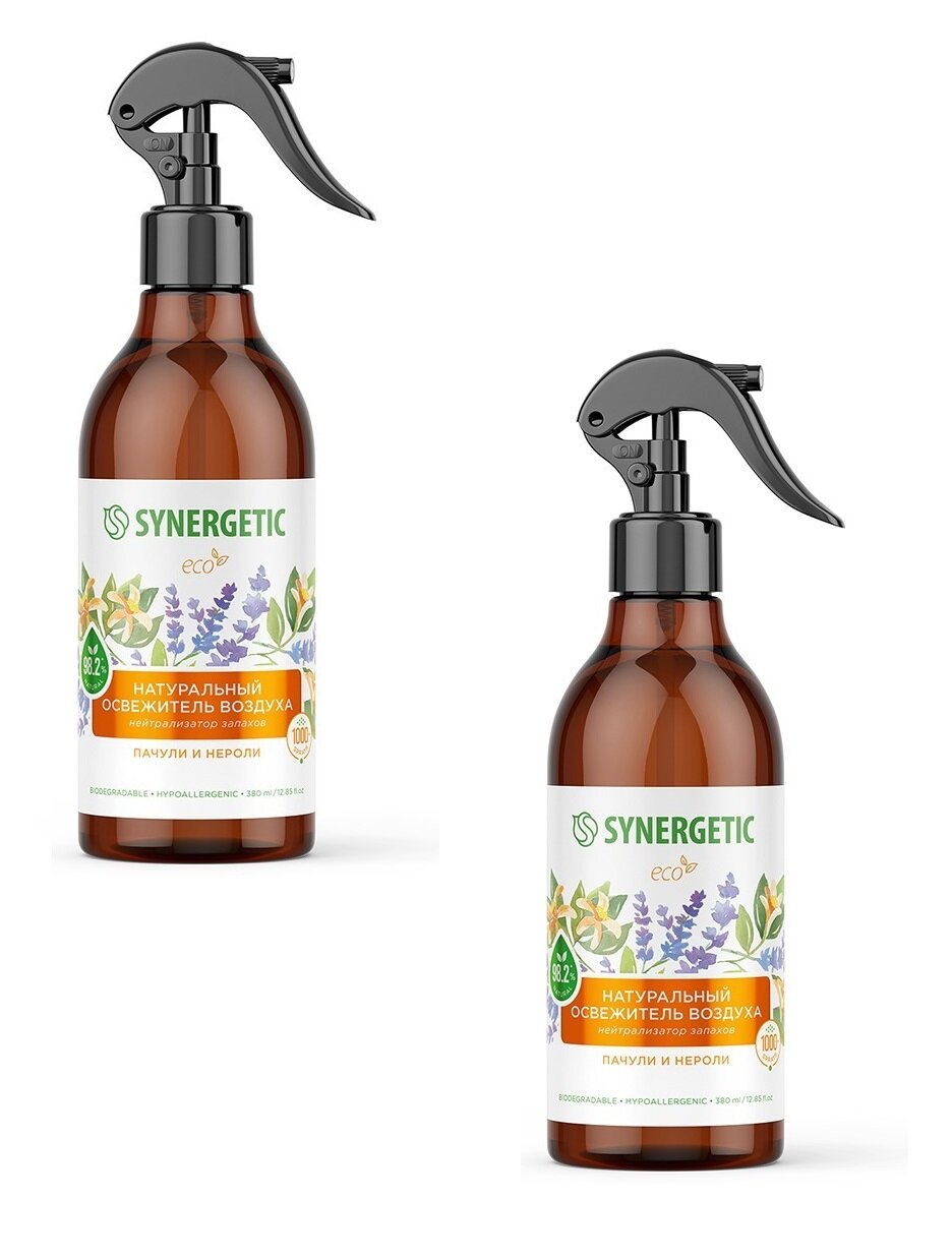 Гипоаллергенный освежитель воздуха Synergeic, нейтрализатор запахов «Пачули и нероли», 380мл, 2шт