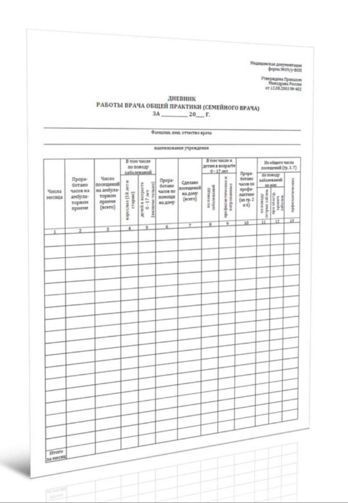 Дневник работы врача общей практики (семейного врача). Форма N 39/у-ВОП