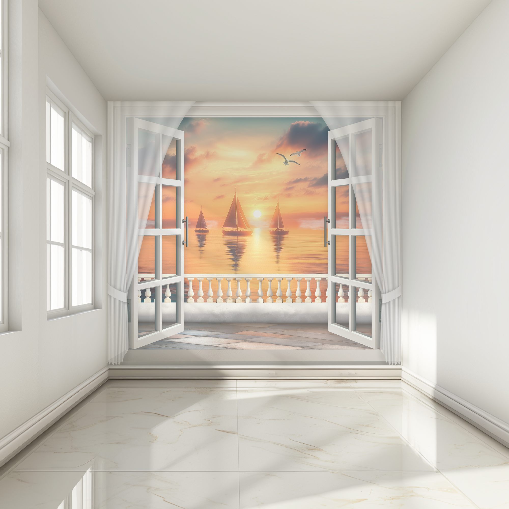 Фотообои 3д на стену "Окно в закат", флизелиновые 300х270 см на кухню, спальню, зал