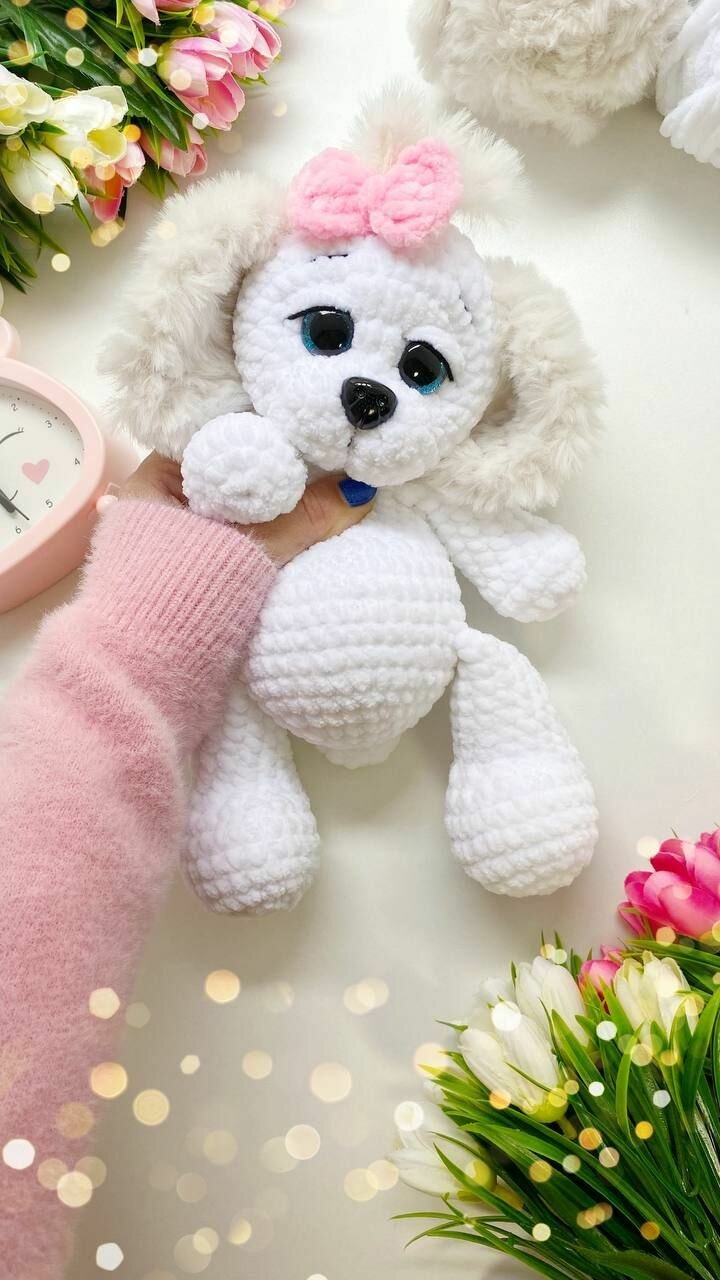 Мягкая игрушка собачка "Тяфочка", вязаная, ручной работы, белая, 24 см