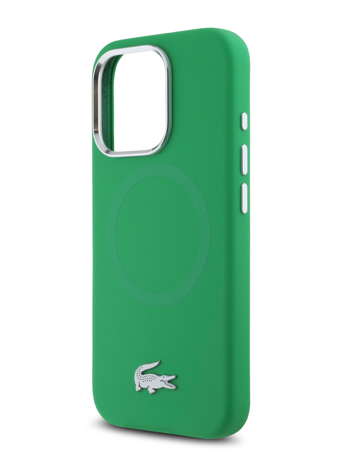 Lacoste для iPhone 16 Pro чехол Liquid silicone Silver Croc Logo Metal Cam Hard Estragon (MagSafe)