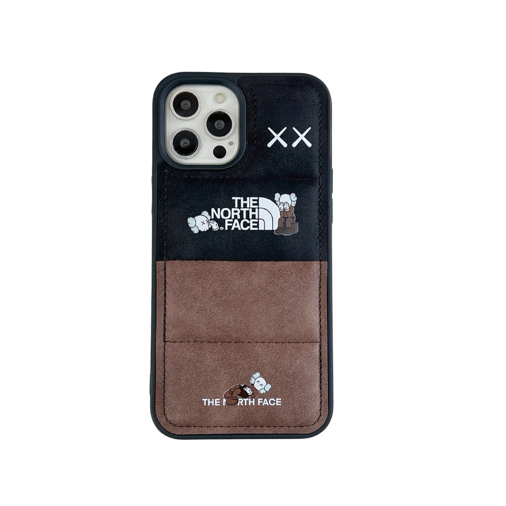 Чехол для iPhone 12 Pro Max черный / коричневый силиконовый дутый пуховик North Face (под замшу)