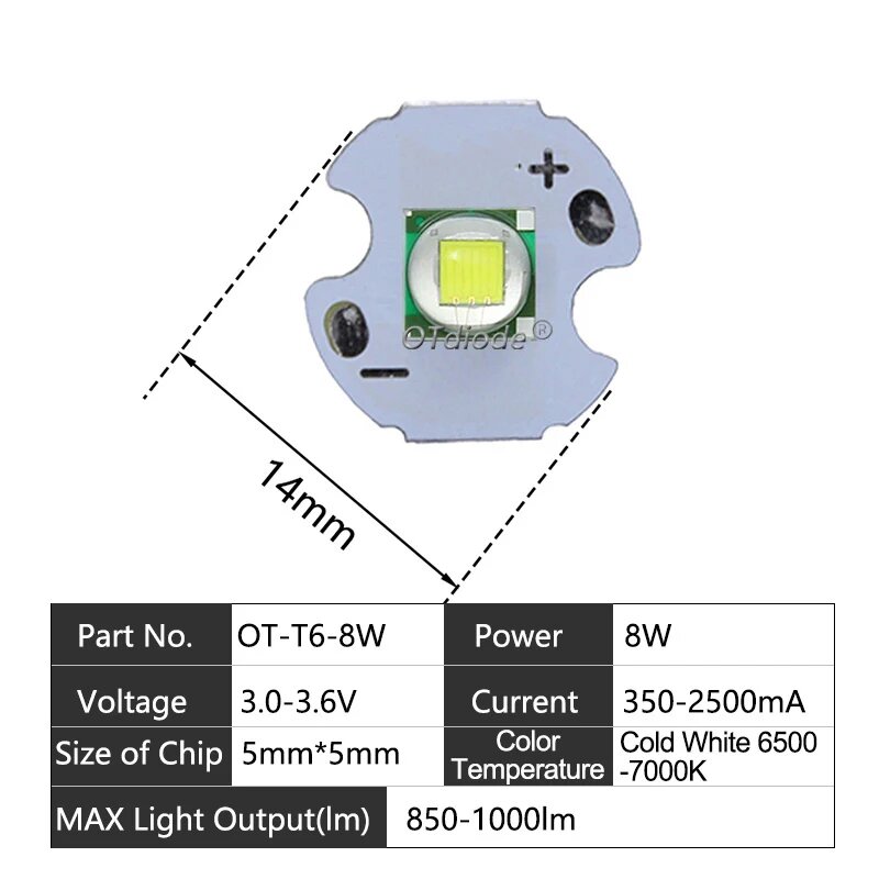 Светодиодная бусина OTdiode 8W T6-14mm, 6500K