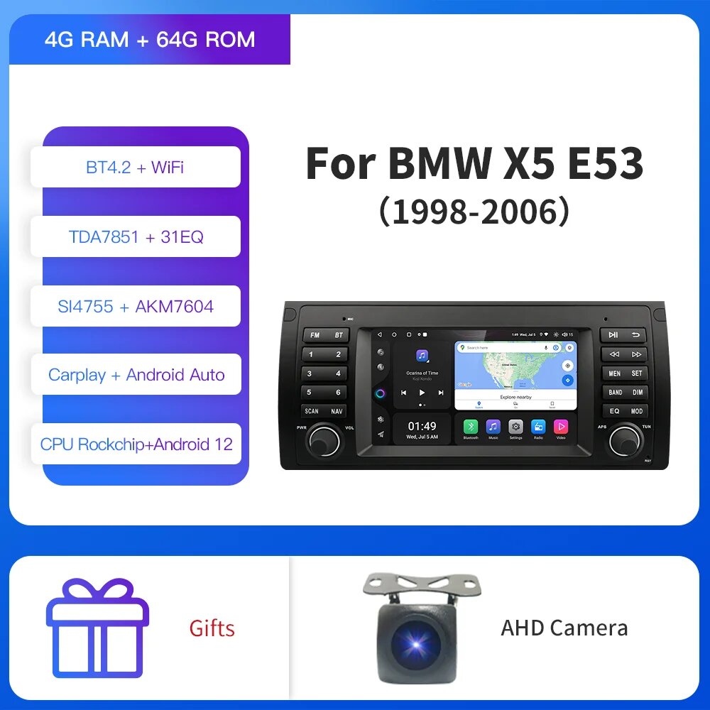 Kapud Android 11 Автомобильный мультимедийный плеер 7 дюймов Навигация для BMW E53 X5 1995-2003 Радио CarPlay AUTO SWC Стерео BT GPS Wi-Fi DSP K12 AHD