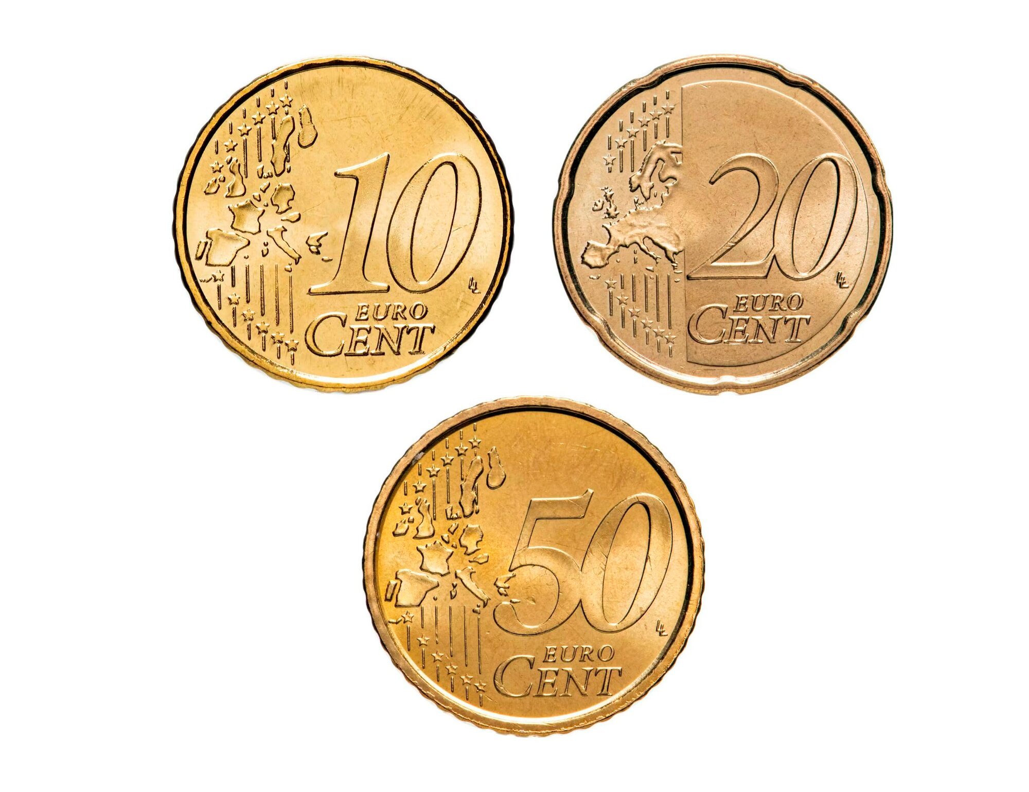 Набор монет евроцентов Испании; номинал 10,20,50, из обращения