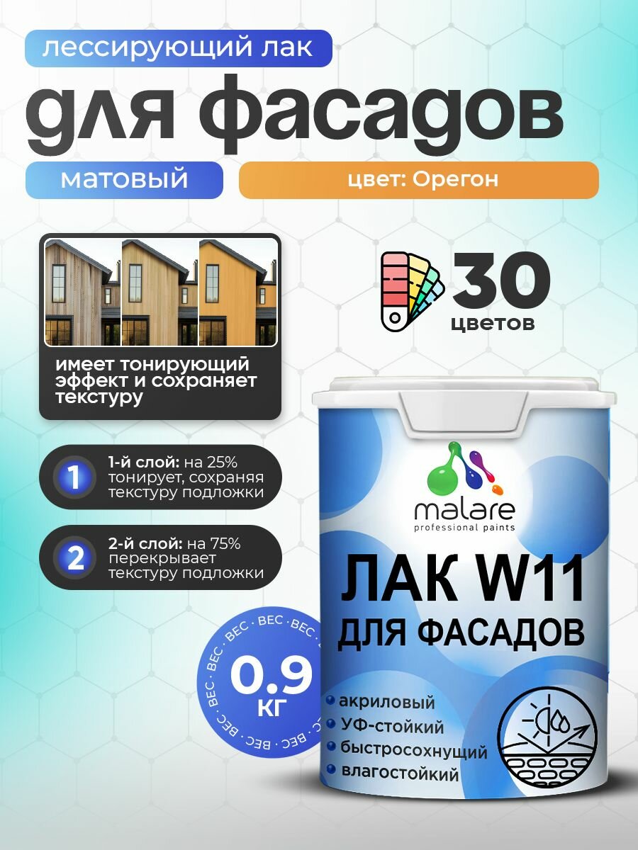 Лак колерованный тонирующий фасадный Malare W11 для защиты фасадов зданий, для дерева, камня и кирпича, быстросохнущий влагостойкий экологичный, матовый, орегон, 0.9 кг.