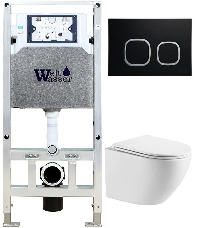 Унитаз подвесной WeltWasser AMBERG 506 ST+MERZBACH 043 XL GL-WT+AMBERG RD-BL белый/кнопка черная матовая, безободковый, с крышкой микролифт, с инсталляцией, слив торнадо