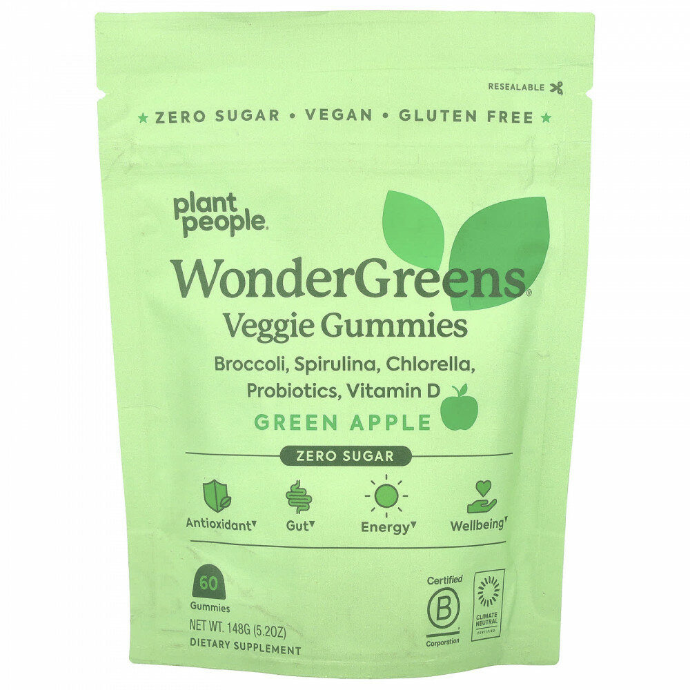 Plant People, WonderGreens®, супервегетарианские жевательные таблетки, со вкусом зеленого яблока, 60 жевательных конфет