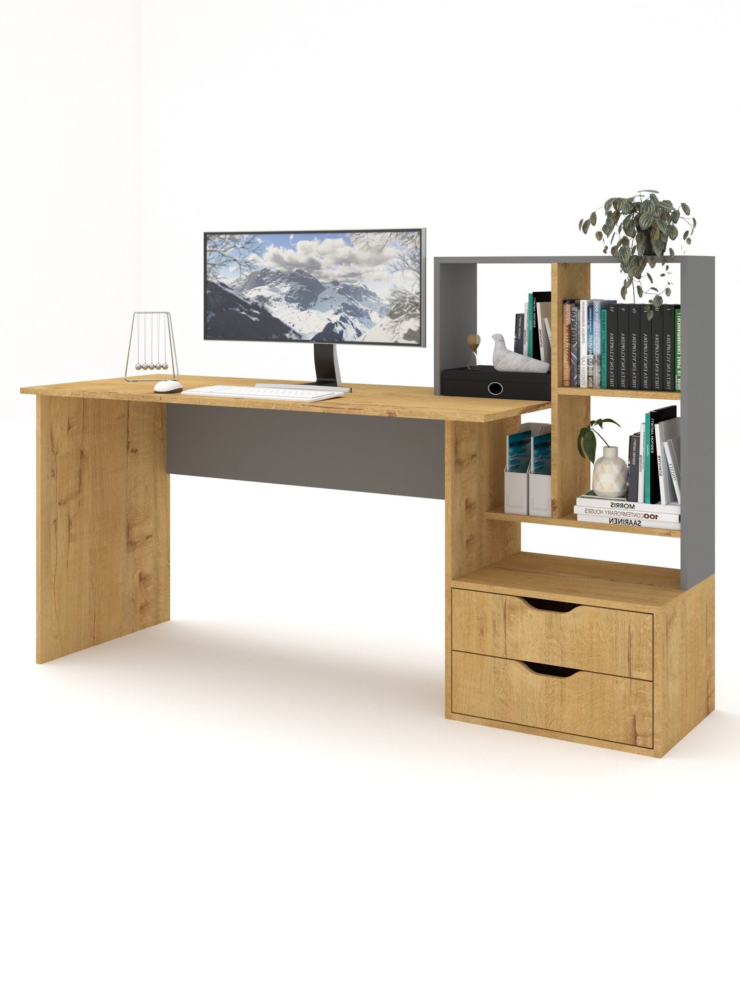 Есэндвич Лаворо 5 Компьютерный стол со стеллажом и ящиками 170х110х60 см правый (Дуб бунратти/Вулканический серый)