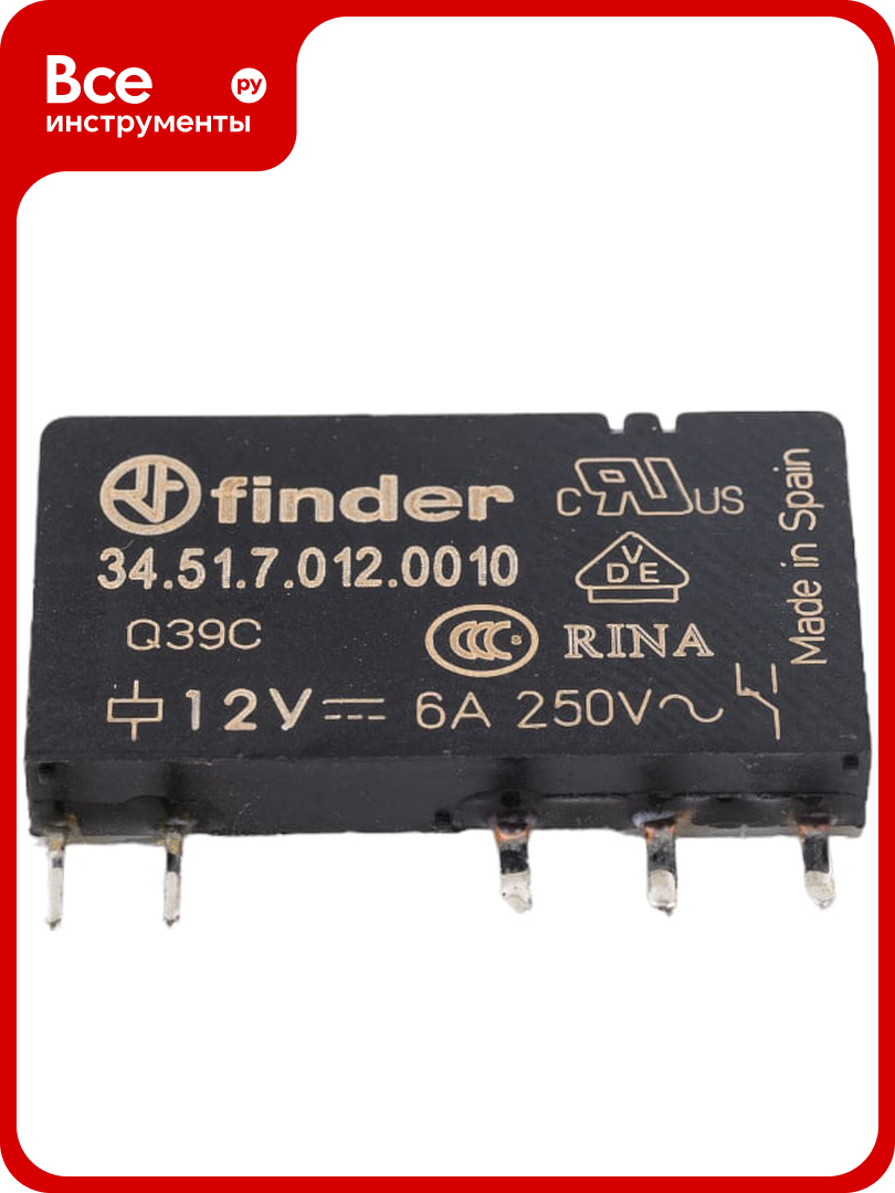 Ультратонкое, Finder, реле Finder 1 CO конт. 6а, = 12в чувст. пост. тока, - гермет, 345170120010, Дополнительные