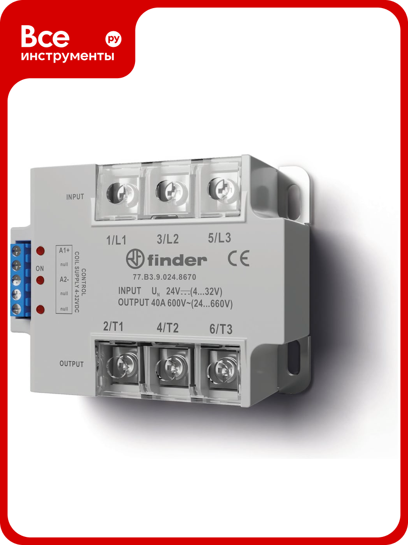 Трехфазные твердотельное реле Finder выход 3NO 25А (24…660В АС); питание 24В DC; Функция Мгновенное включение; монтаж