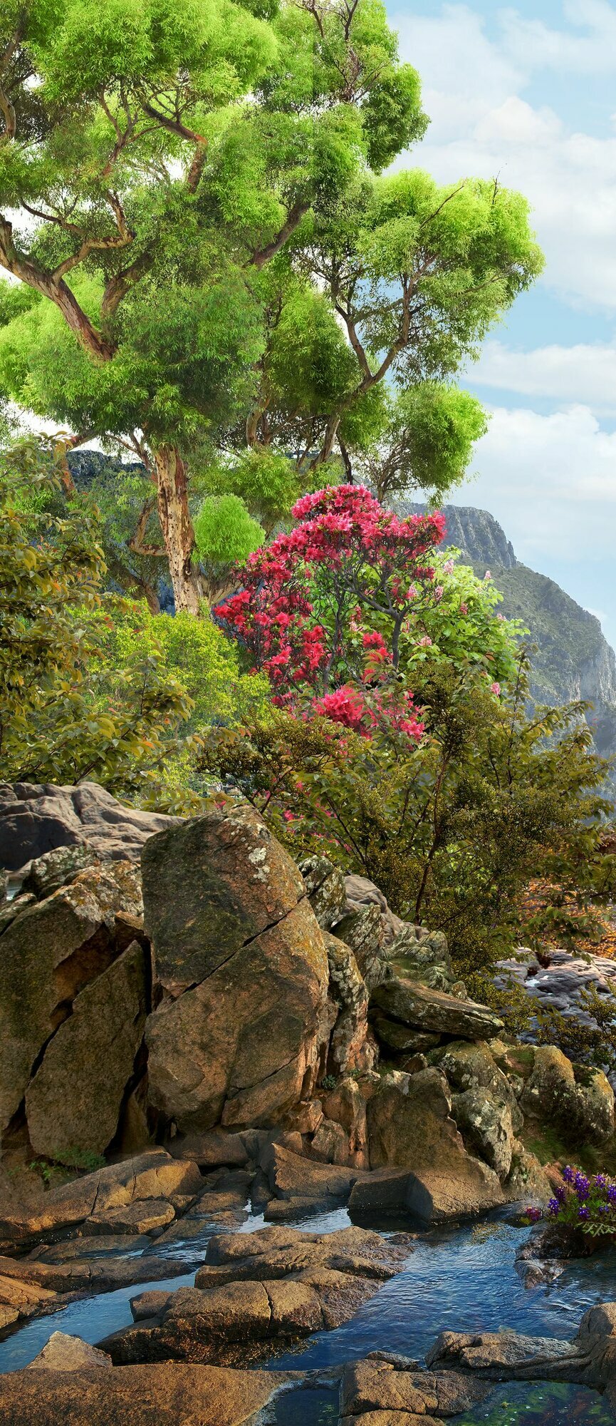 Фотообои Уютная стена "Красивое дерево на скалах" 120х270 см Виниловые Бесшовные (единым полотном)