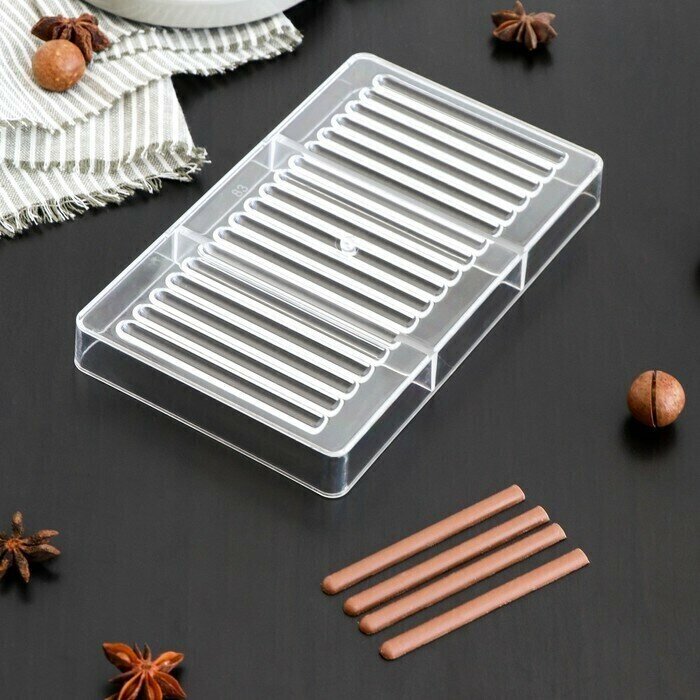 !09 Форма для шоколада и конфет «Сигаро», 18 ячеек, 20×12×2,5 см, ячейка 8,5×0,7 см