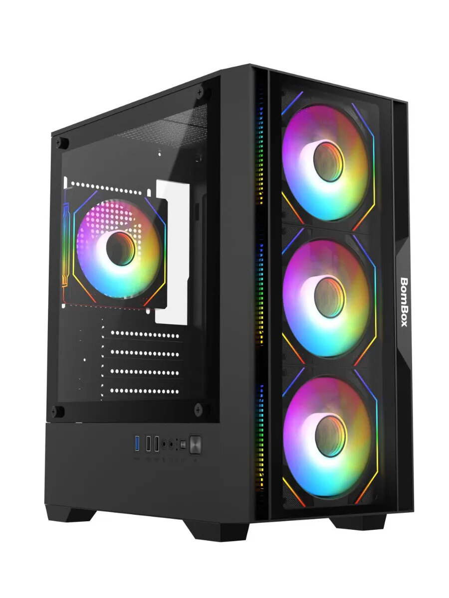 Корпус компьютерный BomBox (195-03F/G285 ARGB) Black без БП, 4*ARGB fan, 1*USB3.0 + 2*USB2.0, закал