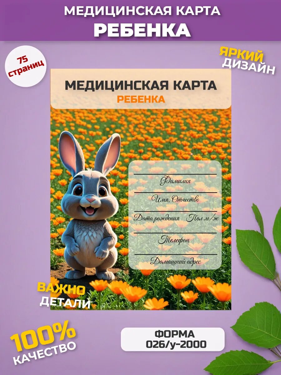 Медицинская карта ребенка "Зайчонок" для детского сада и школы А4 75 страниц