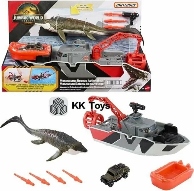 Спичечный коробок Mattel Мир Юрского периода с 12,5-дюймовым динозавром Мозазавром, джипом, отлитым под давлением в масштабе 1:64, гарпунными ракетами и съемной спасательной лодкой