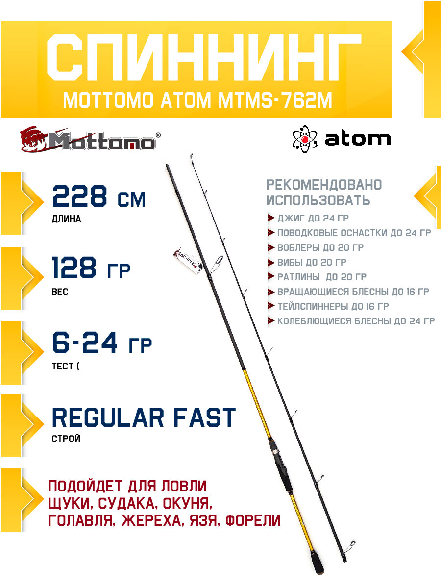 Спиннинг Mottomo Atom MTMS-762M 228см/6-24g на щуку, окуня, голавля, жереха.