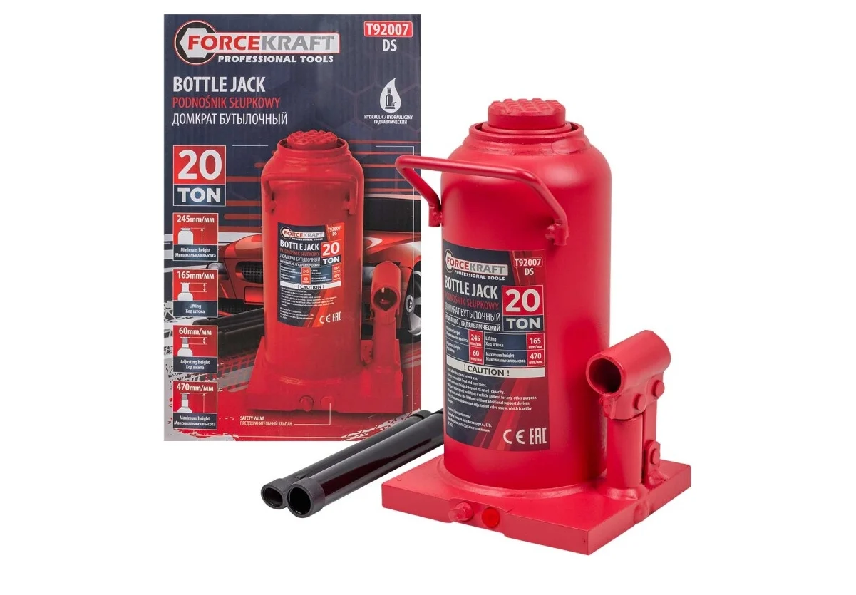 Домкрат гидравлический бутылочный ForceKraft 20т, h 145 - 470 мм, красный