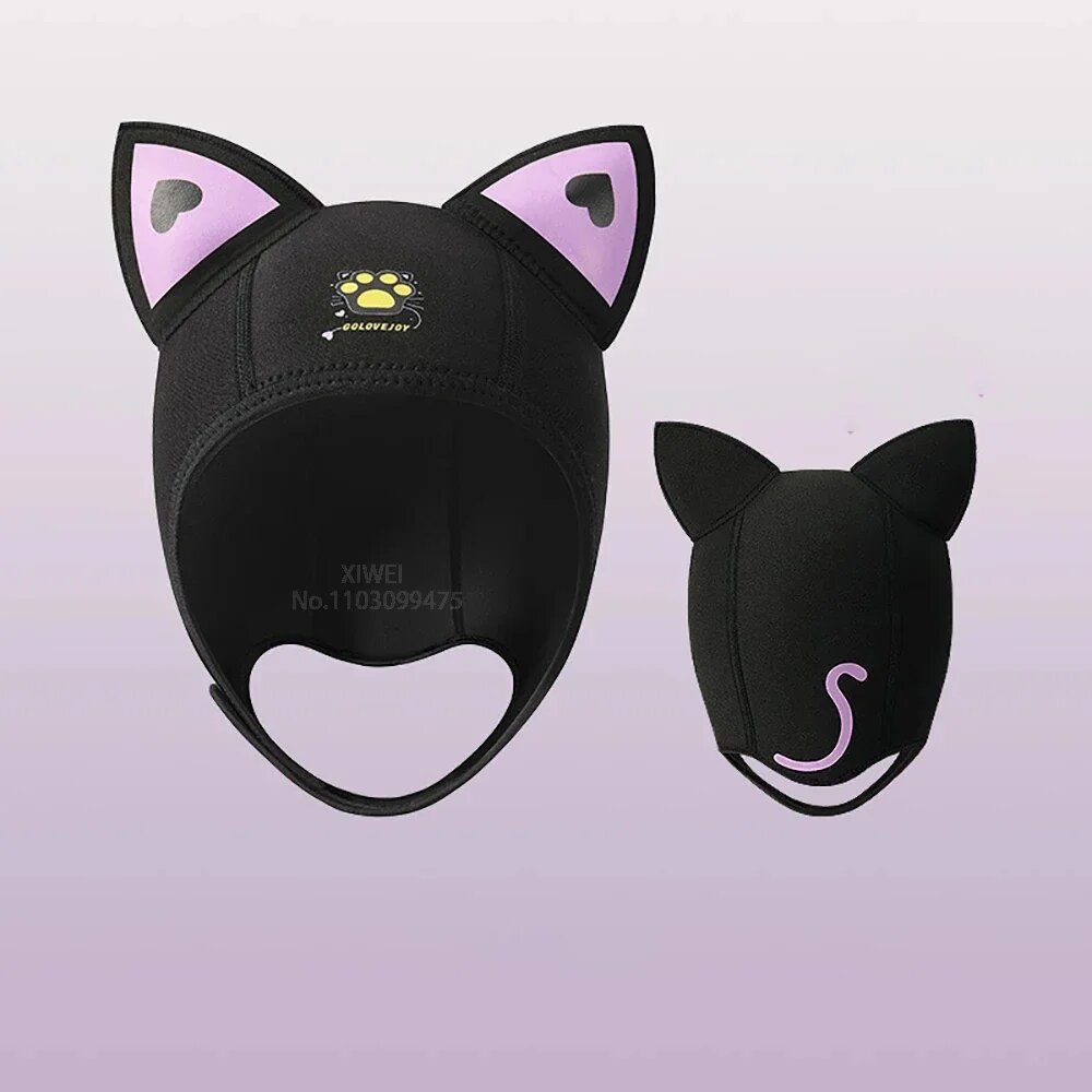 Гидрокостюм с кошачьими ушками, шапочки для плавания, водонепроницаемый неопреновый капюшон для дайвинга, капюшон для дайвинга, головной убор с ремешком на подбородке, эластичная утолщенная шапка, снаряжение Черный, 3mm-CAP003-Black