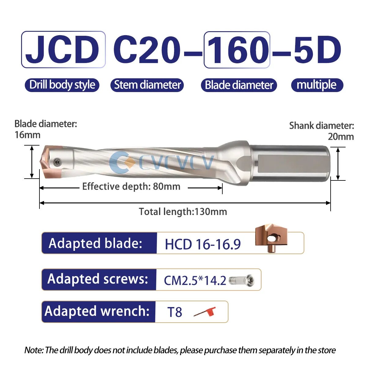 Сверло JCD C20-160-5D, 16мм, 80мм