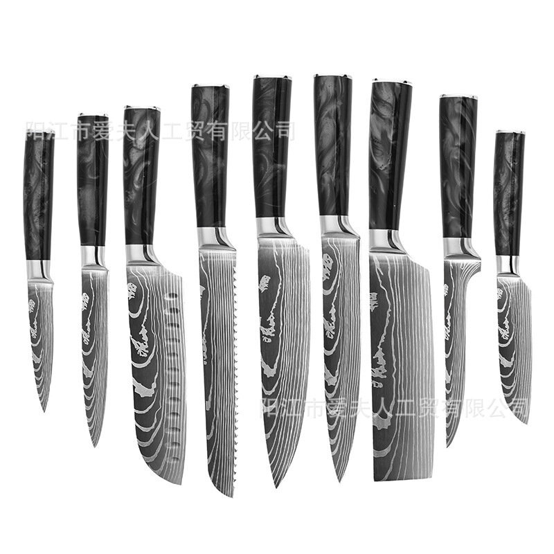 Дамасский поварской нож с лазерной гравировкой, нож сантоку, из нержавеющей стали, для трансграничной торговли на Amazon и AliExpress, с черной рукояткой из смолы.