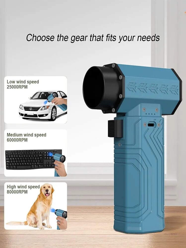 Портативный вентилятор Мощный фен для волос, голубой, работа от аккумулятора, для сушки авто, клавиатур, собак.