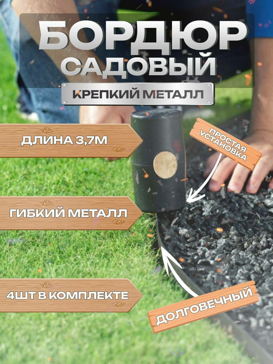 Металлический садовый бордюр ЭкоДеко Классик / 4х1м // Чёрный