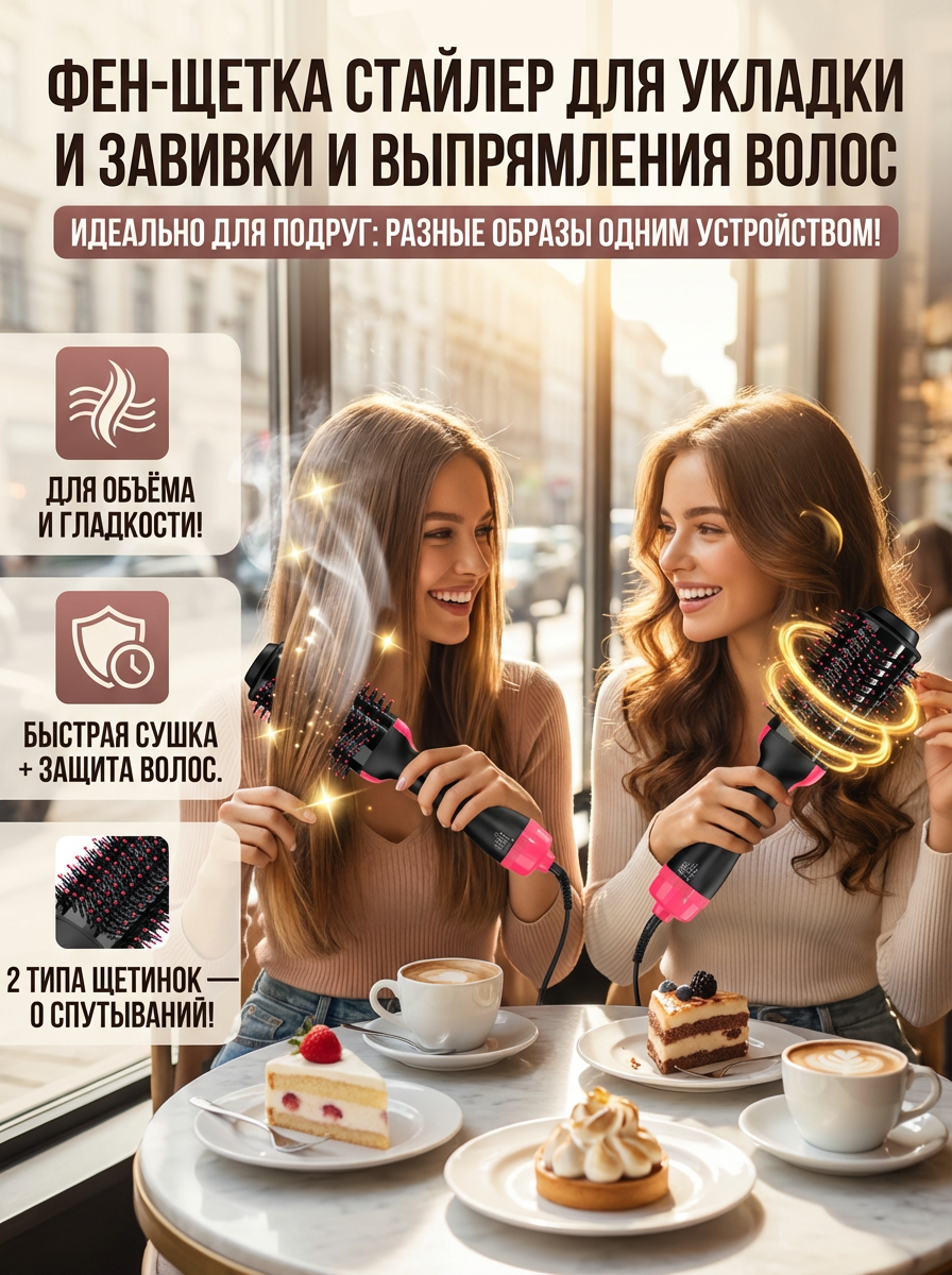 Фен-щетка для волос 3 в 1, Термощетка, Выпрямитель для волос, Стайлер, Расческа