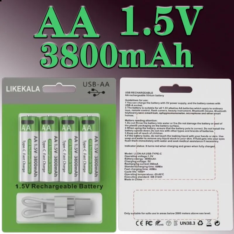 4 шт. АA аккумуляторные батарейки перезаряжаемые 1.5V Литий-ионные емкость 3800 mAh, аккумуляторы с зарядкой пальчиковые литиевые от USB Type-C с проводом Li Ion