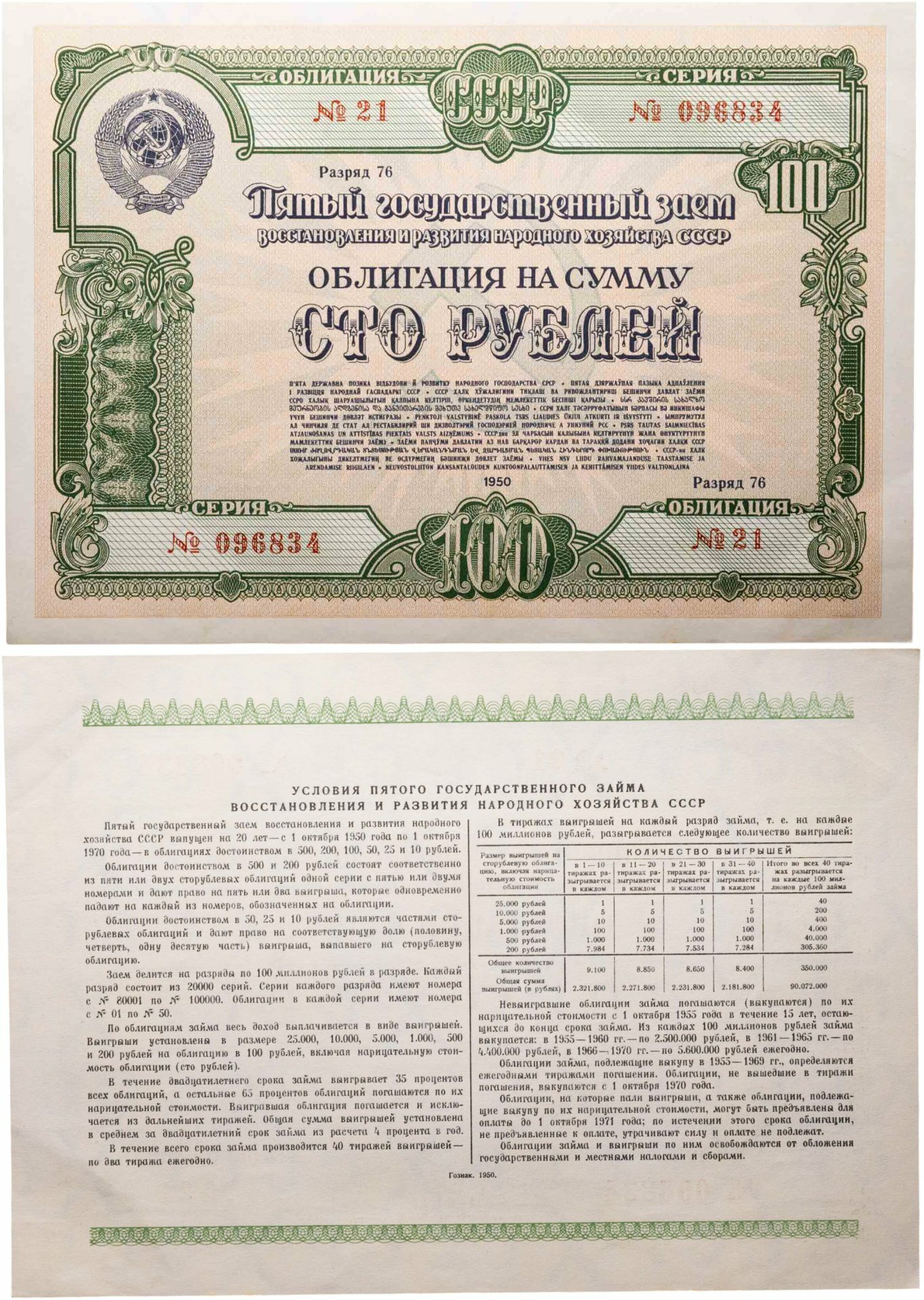 Облигация 100 рублей 1950 Пятый Государственный заем восстановления и развития народного хозяйства СССР