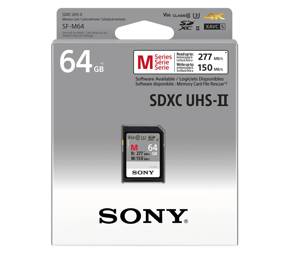 Карта памяти Sony SDXC 64GB V60 UHS-II SF-M, Read 150 Mb/s, Write 277 Mb/s