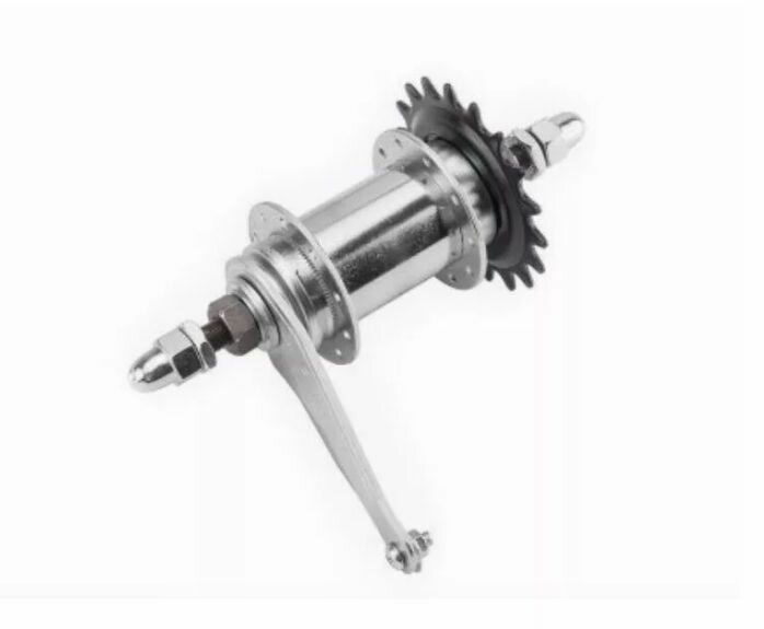 Втулка тормозная стальная, на гайках, 36 отверстий 14G, ось 3/8"x110x175мм, звезда 18T, хромированная