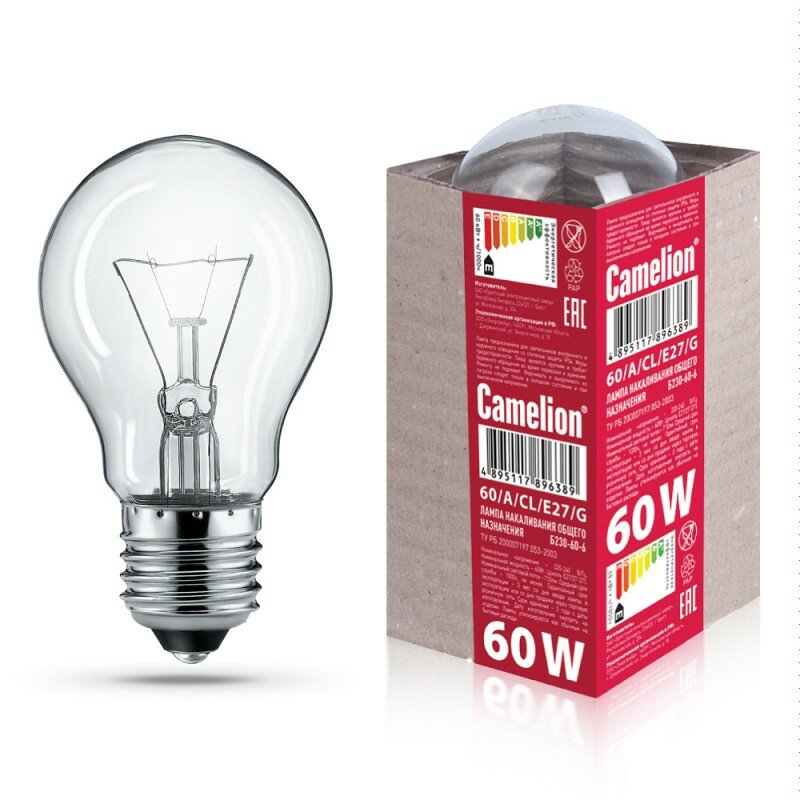 Camelion 60/A/CL/G/E27 (Эл. лампа накал. с прозрачной колбой, ЛОН, гофра, Б230-60-6), цена за 1 шт.