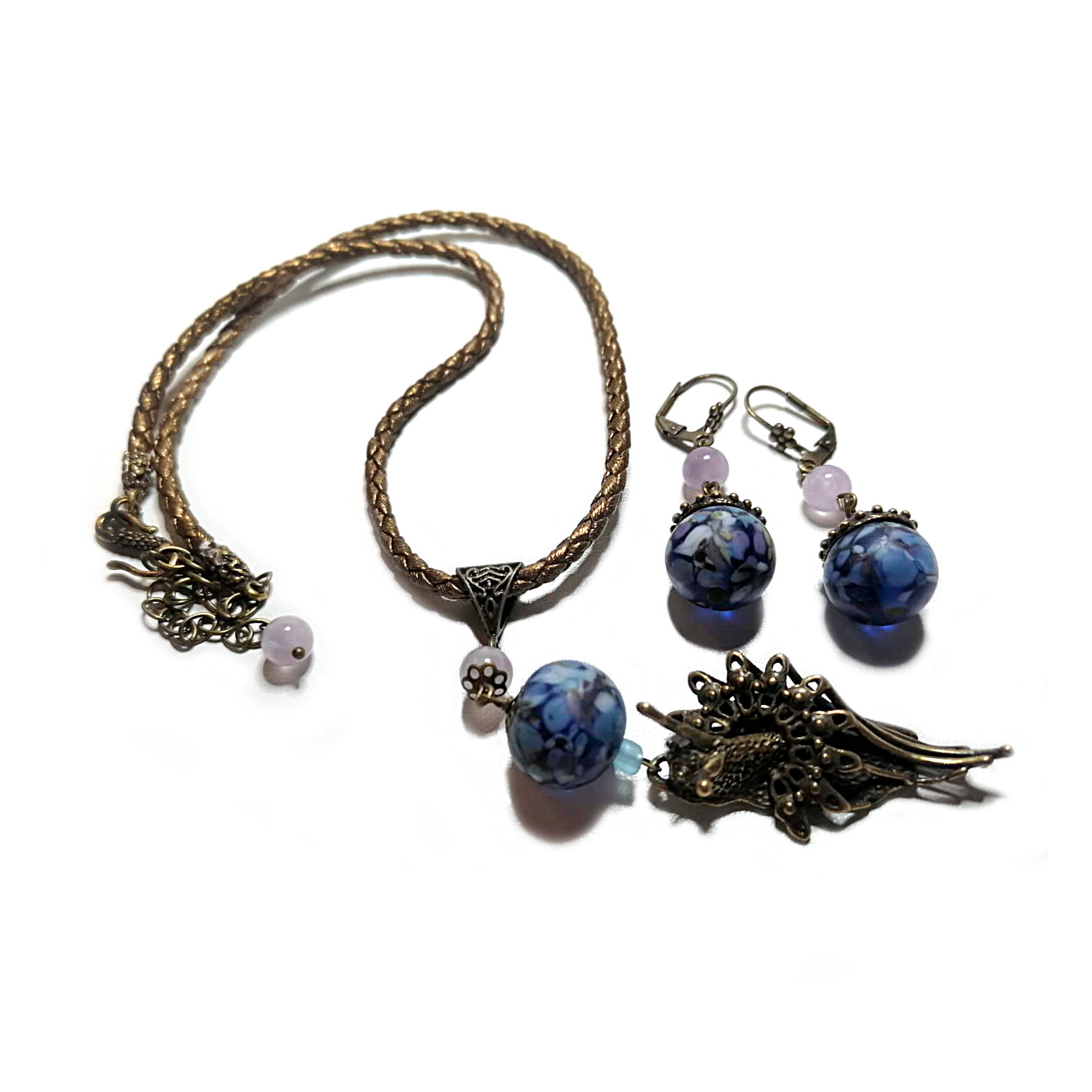 Комплект бижутерии Милор: серьги, подвеска, шнур, металл, муранское стекло