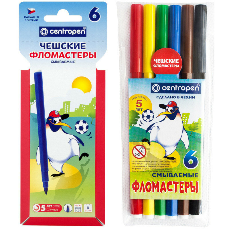 Фломастеры Centropen "Пингвины", 06цв, смываемые, картон. упак. с европодвесом/ПВХ, 062724