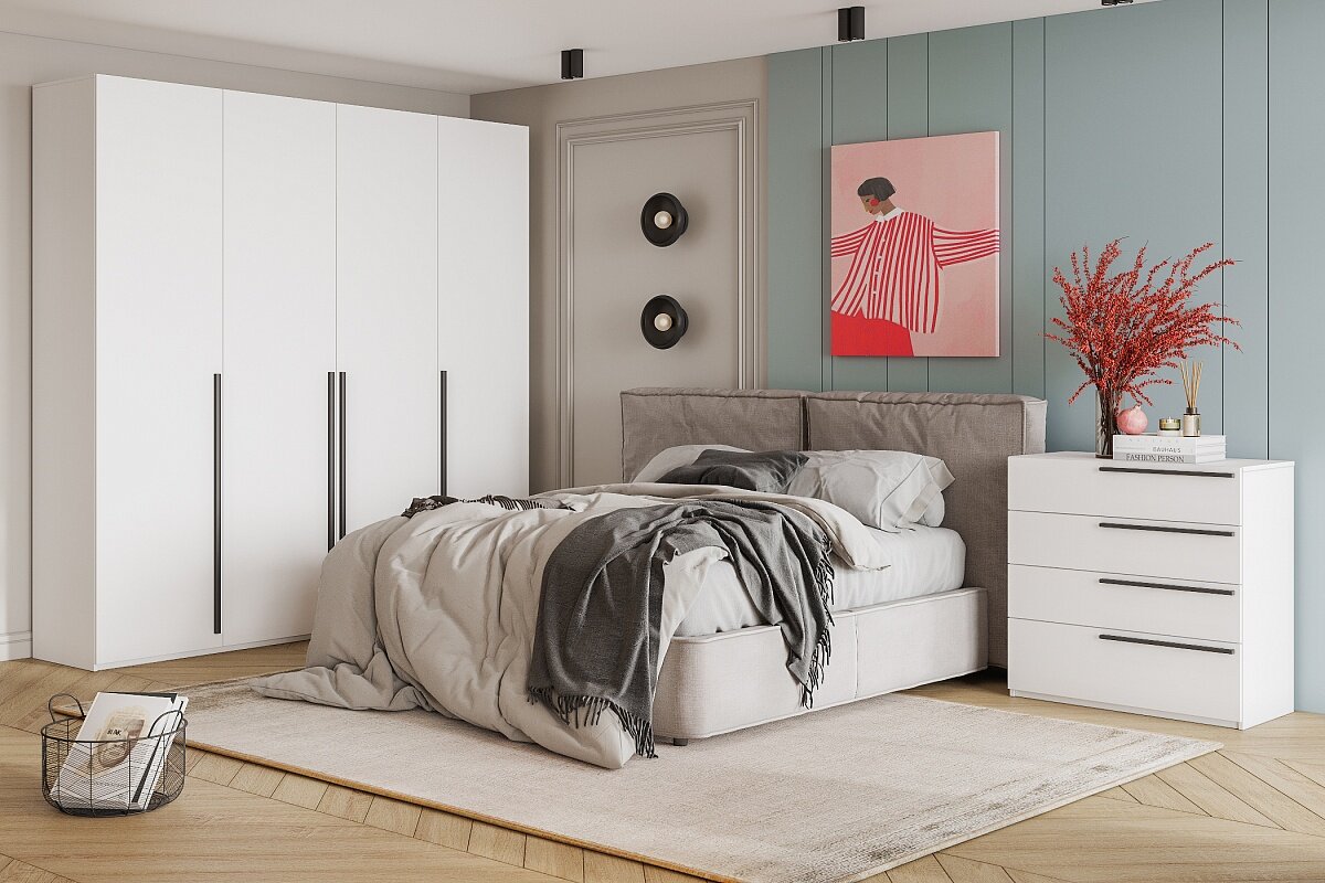 Спальня МебельЛэнд24 Лорена Пакс - 5 Белый 292x50x210 со шкафом с комодом