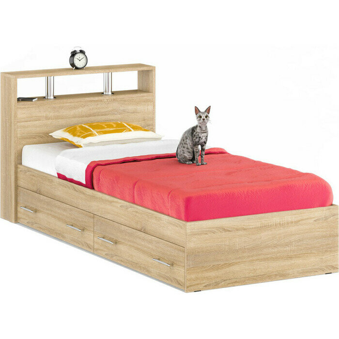 Кровать с ящиками СВК Камеля 90х200 цвет дуб сонома, два ящика, с основанием, без матраса