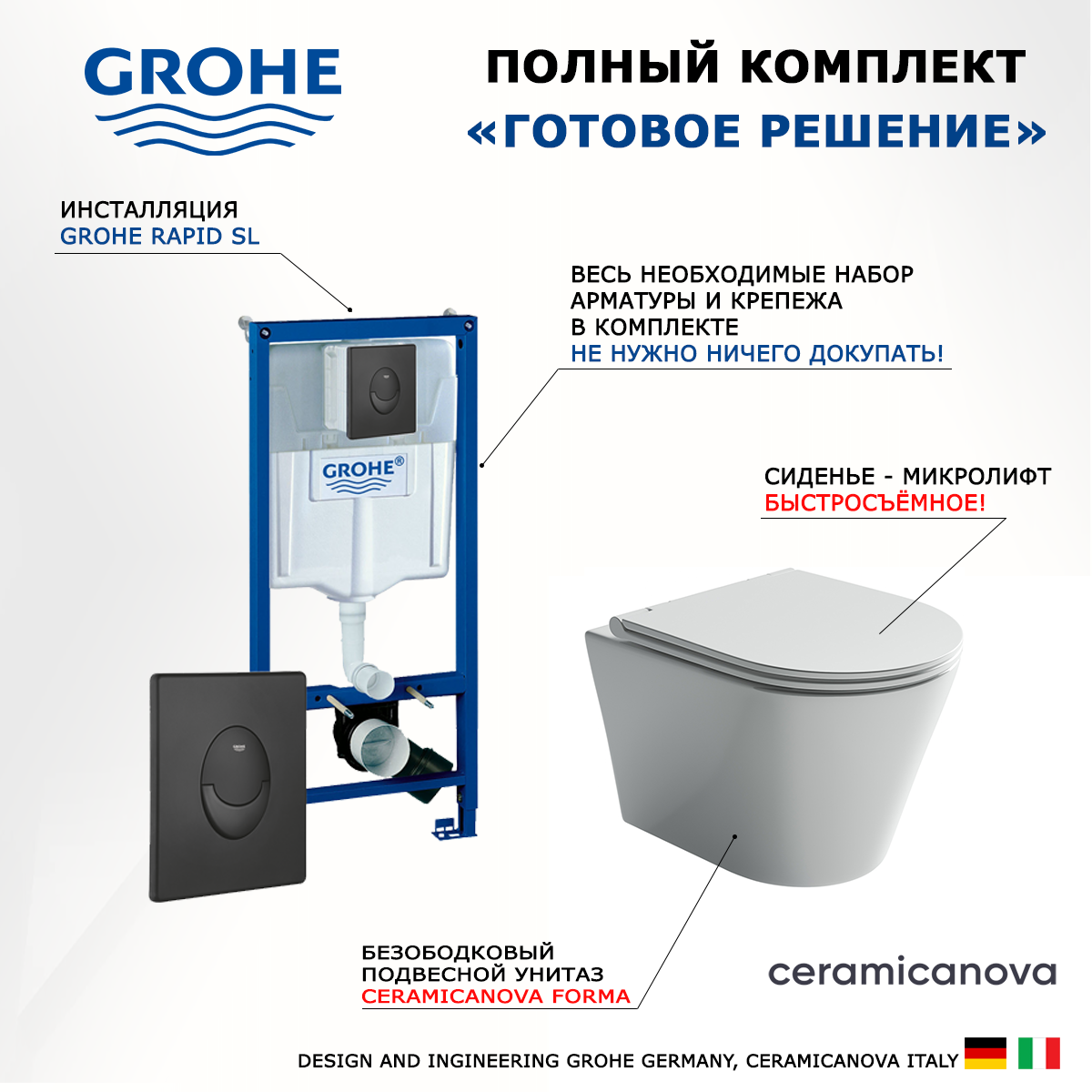 Комплект 3 в 1 инсталляция Grohe Rapid SL 38721BL1 + Унитаз подвесной Ceramica Nova Forma CN3011 + кнопка черная матовая Skate